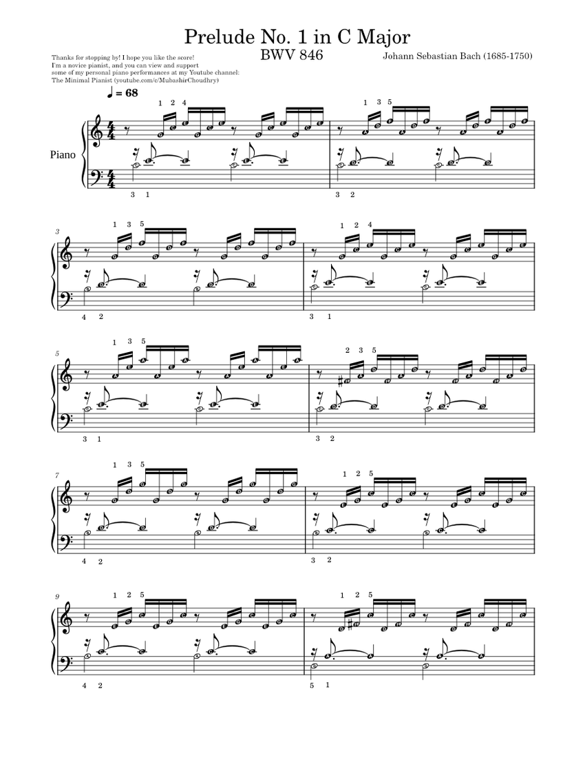 Prelude No. 1 in C Major, BWV 846 [with finger suggestions] - Johann Sebastian Bach Sheet Music ...