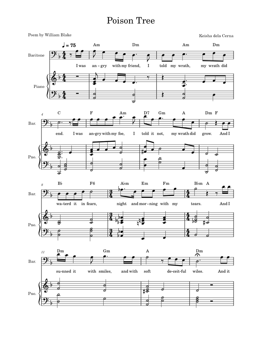 Poison Tree Sheet Music with Chords for Piano, Baritone (Piano-Voice ...