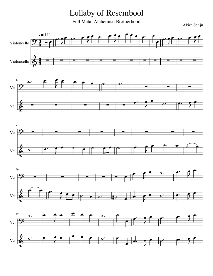 Lullaby of Resembool Sheet Music for Cello (String Duet) | MuseScore.com