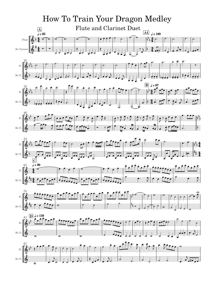 How To Train Your Dragon Medley Sheet music for Flute, Clarinet in b ...