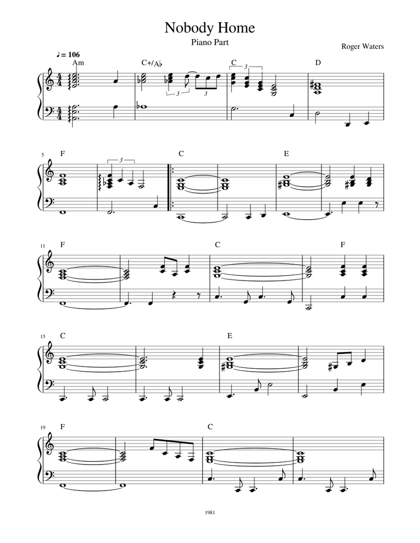 Nobody Home Sheet Music with Chords for Piano (Solo) Easy | MuseScore.com