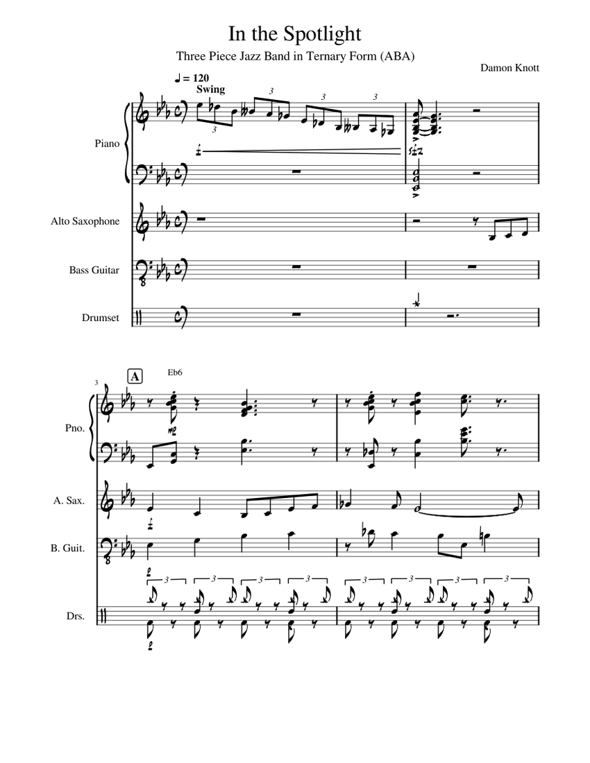 In The Spotlight Sheet music for Piano, Saxophone alto, Bass guitar ...