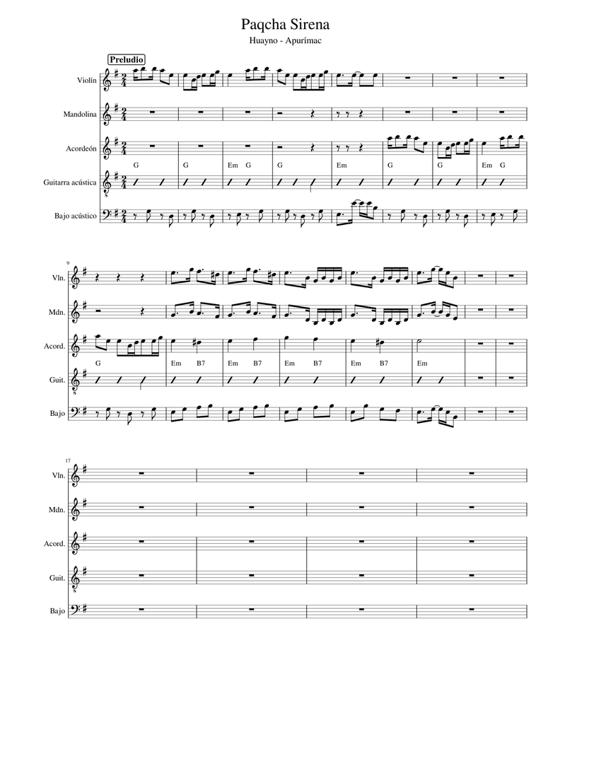 Paqcha Sirena – Anónimo Sheet Music with Chords for Accordion, Violin ...