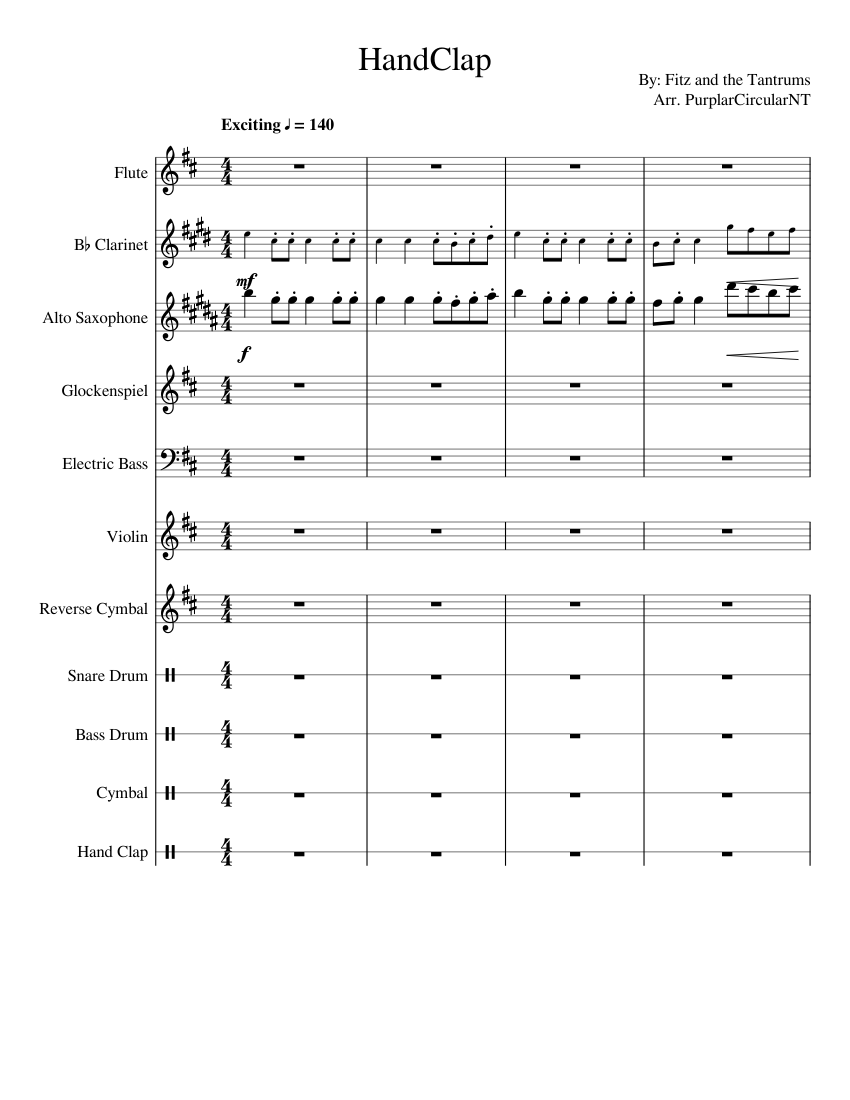 HandClap Sheet music for Piano, Flute, Clarinet in b-flat, Saxophone ...