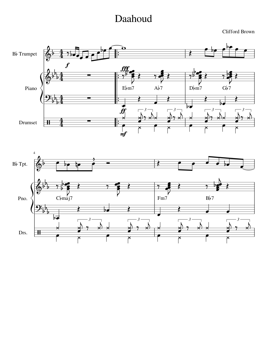 Daahoud Sheet Music with Chords for Piano, Trumpet in b-flat, Drum ...