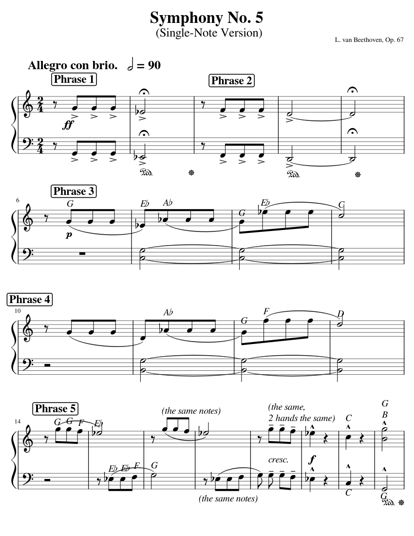 Symphony 5 Beethoven Cm Phrases 1-13 Single notes Note Names Sheet ...