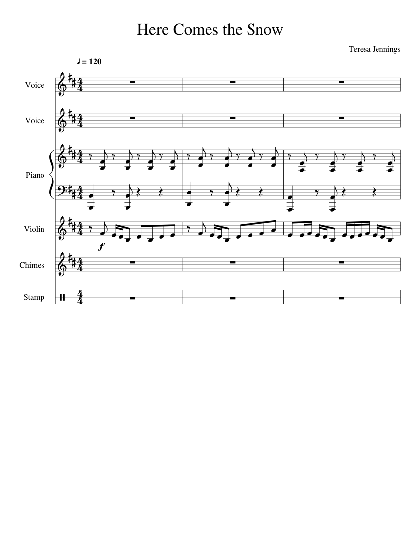 Here Comes the Snow Sheet Music for Piano, Vocals, Violin, Tubular ...