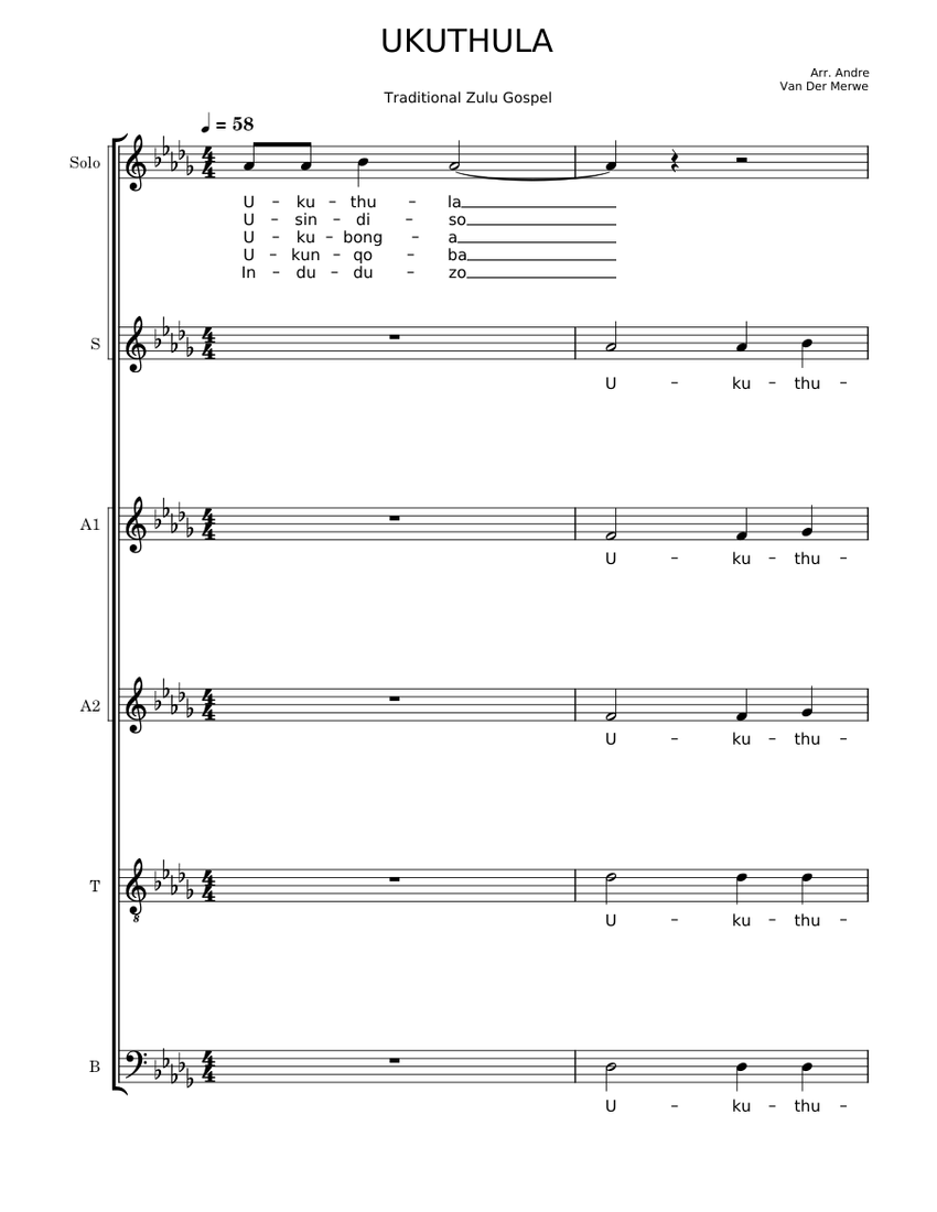 Ukuthula - SSAATB Sheet Music for Soprano, Alto, Tenor, Bass voice ...