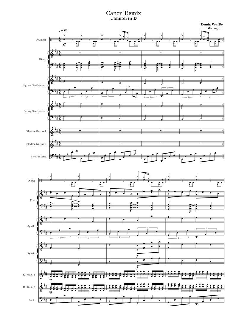 Canon in D Remix Sheet music for Piano, Guitar, Bass guitar, Drum group ...