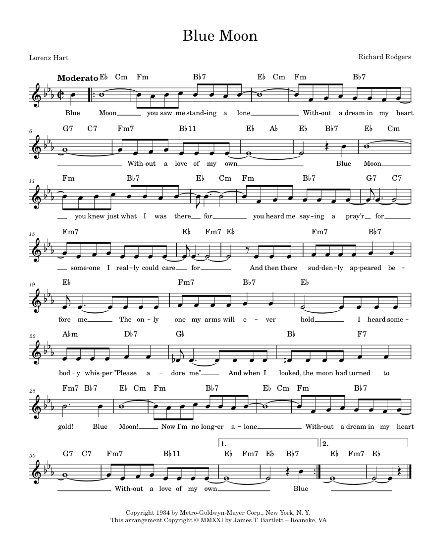 Blue Moon [lead sheet] Sheet Music with Chords for Piano (Solo) easy ...