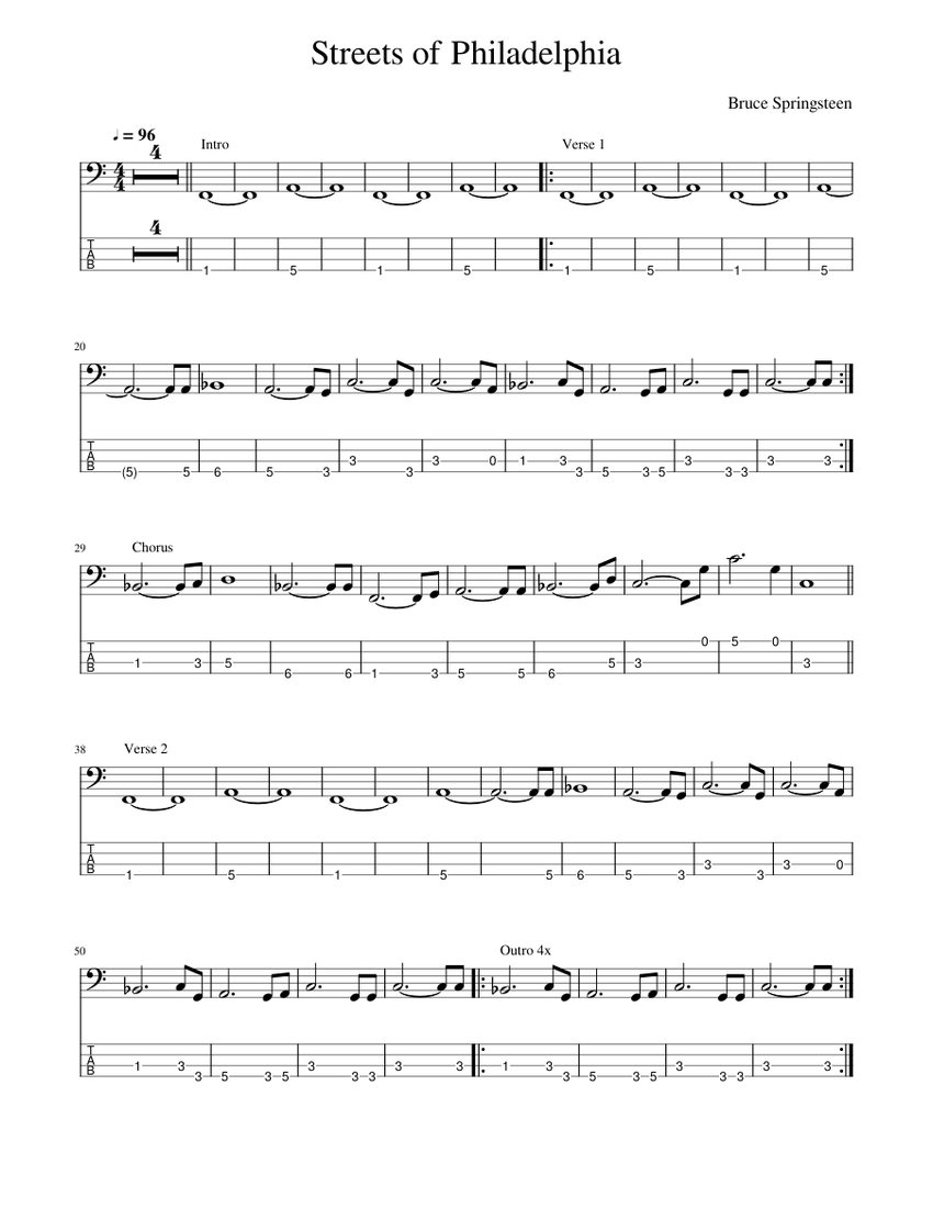 Streets of Philadelphia bass - Bruce Springsteen Sheet Music and Tab ...