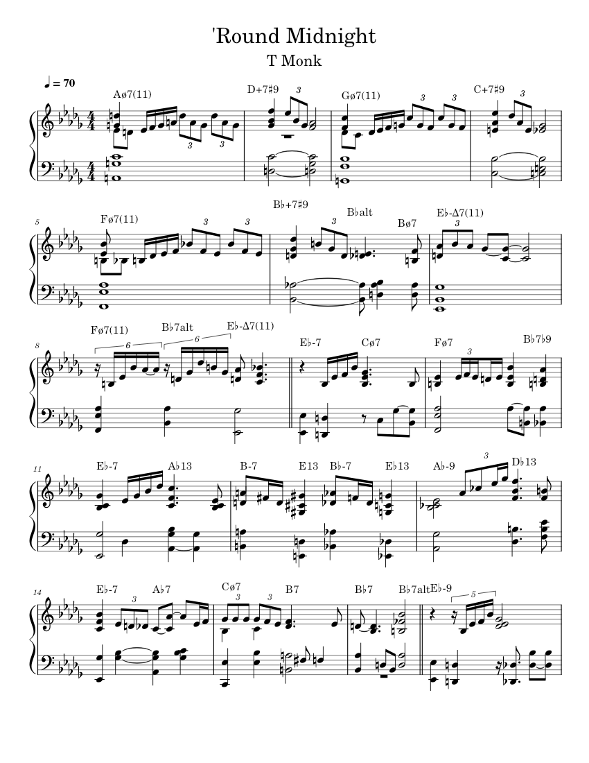 'Round Midnight by Thelonius Monk Sheet Music with Chords for Piano ...