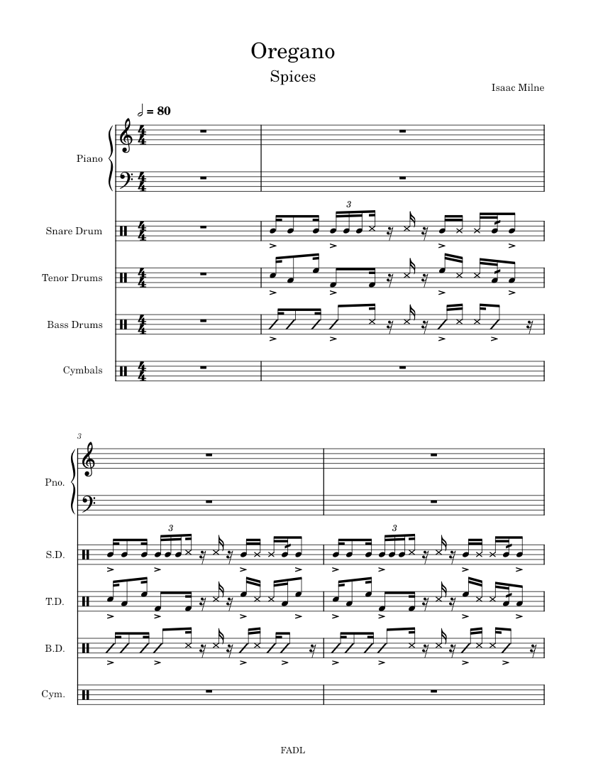Oregano Sheet Music for Piano, Snare drum, Crash, Tenor drum & more ...