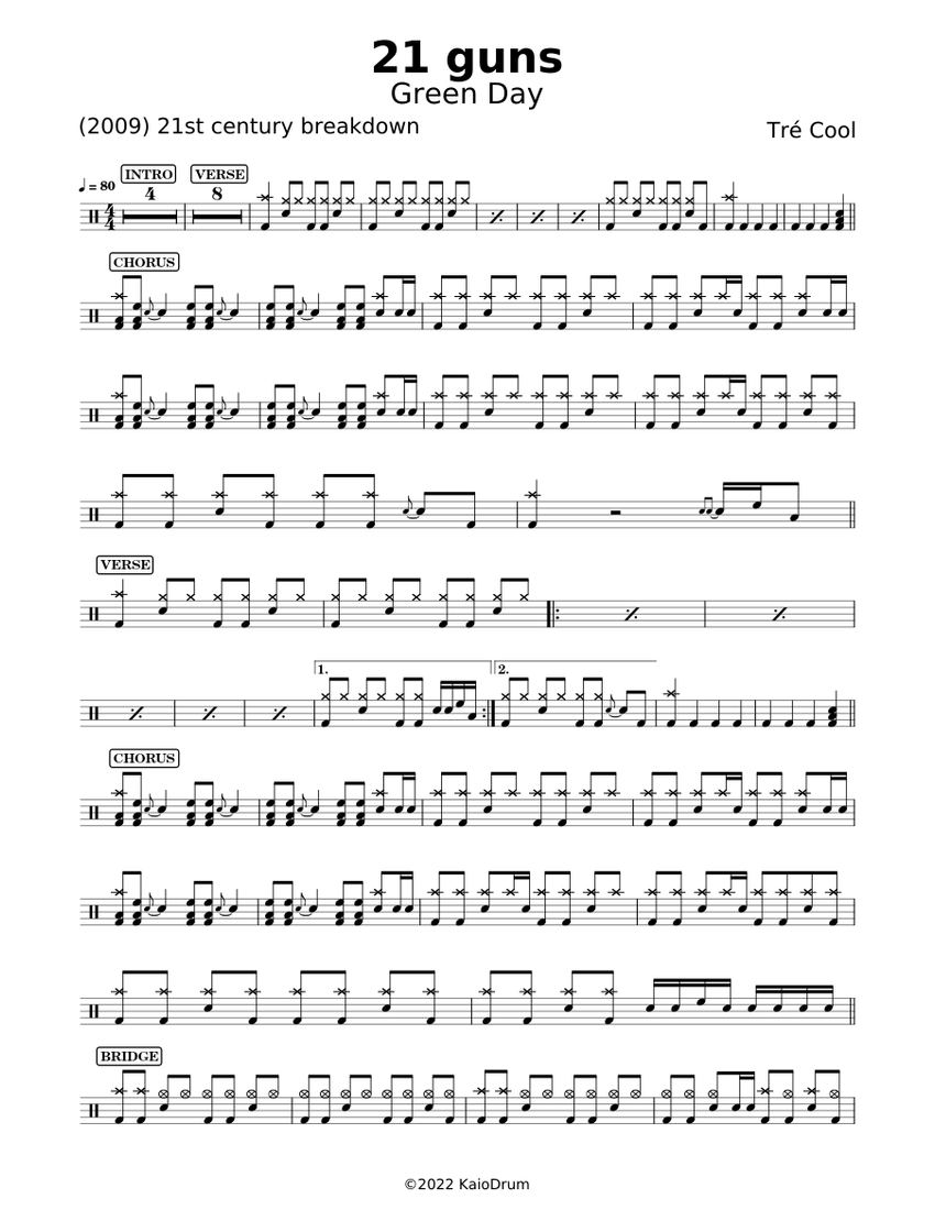 21 guns – Green Day (Green Day) 21 guns Sheet Music for Drum group (Solo) | MuseScore.com