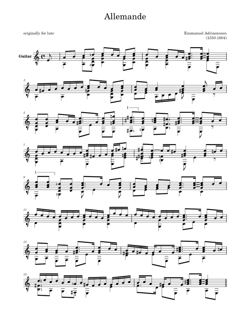 Allemande – Emanuel Adriaenssen (1550-1604) Sheet Music for Guitar ...