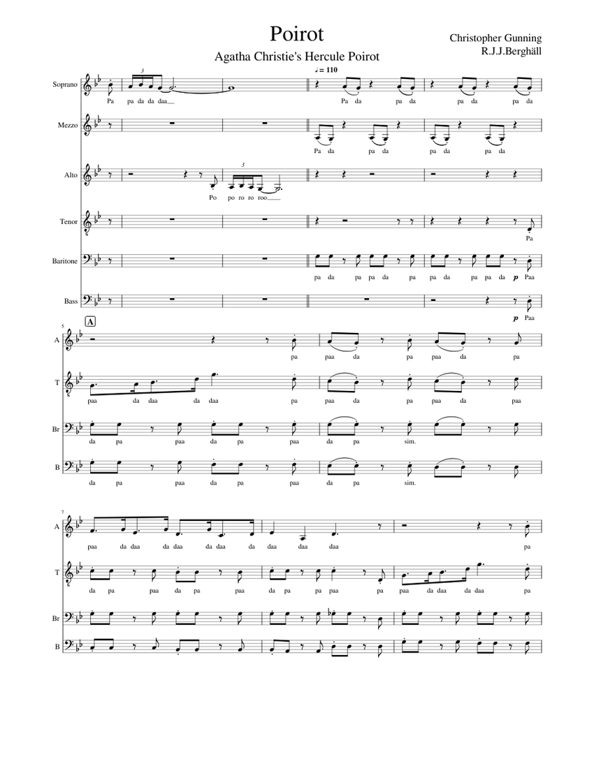 Poirot Sheet Music for Contrabass, Violin, Viola, Cello (A Capella ...