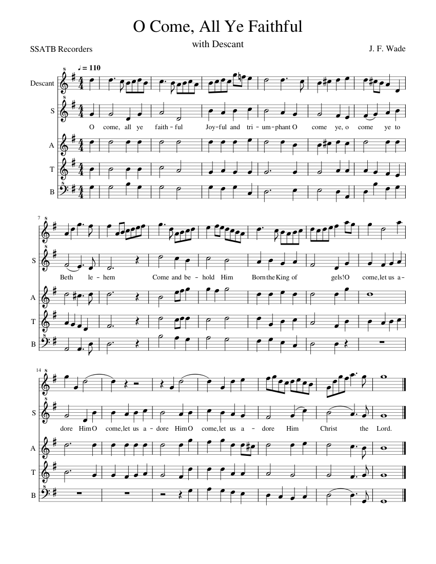 O Come All Ye Faithful SSATB-DESCANT-EZ Sheet Music for Recorder ...