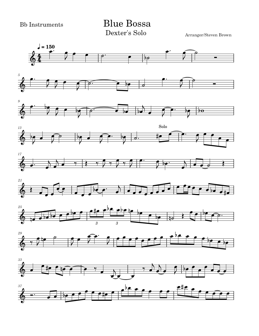 Blue Bossa – Dexter Gordon Solo Sheet Music for Saxophone tenor (Solo ...