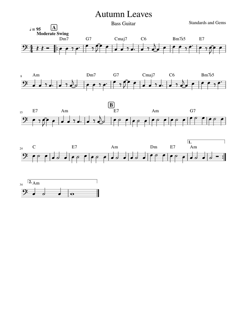 Autumn Leaves Bassline Sheet Music with Chords for Bass guitar (Solo ...