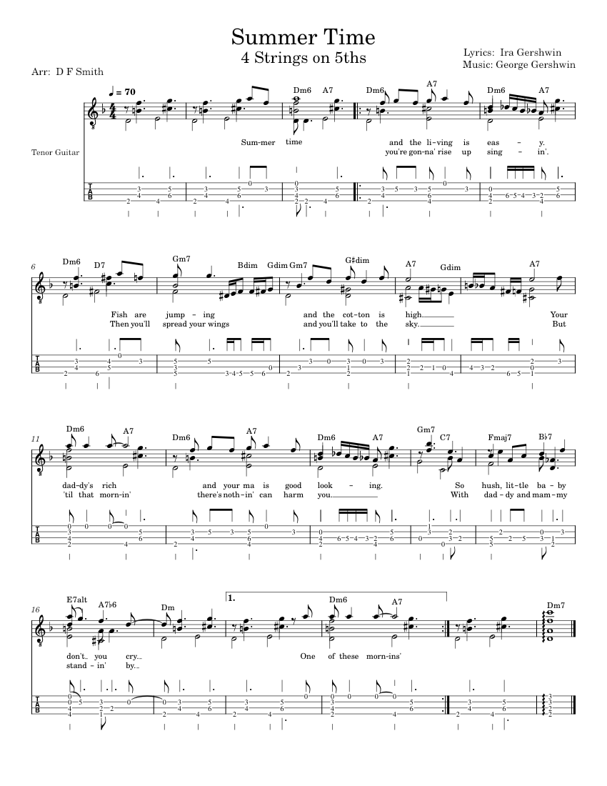 Summertime Std & Tab Sheet Music with Chords for Guitar (Solo ...