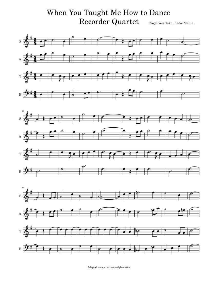 When You Taught Me How to Dance (G) - Recorder Quartet Sheet music for ...
