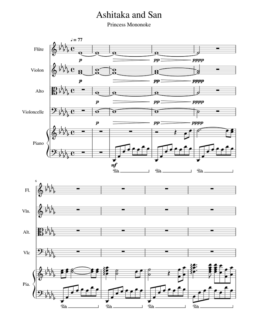 Ashitaka and San - Princess Mononoke Sheet Music for Piano, Flute ...