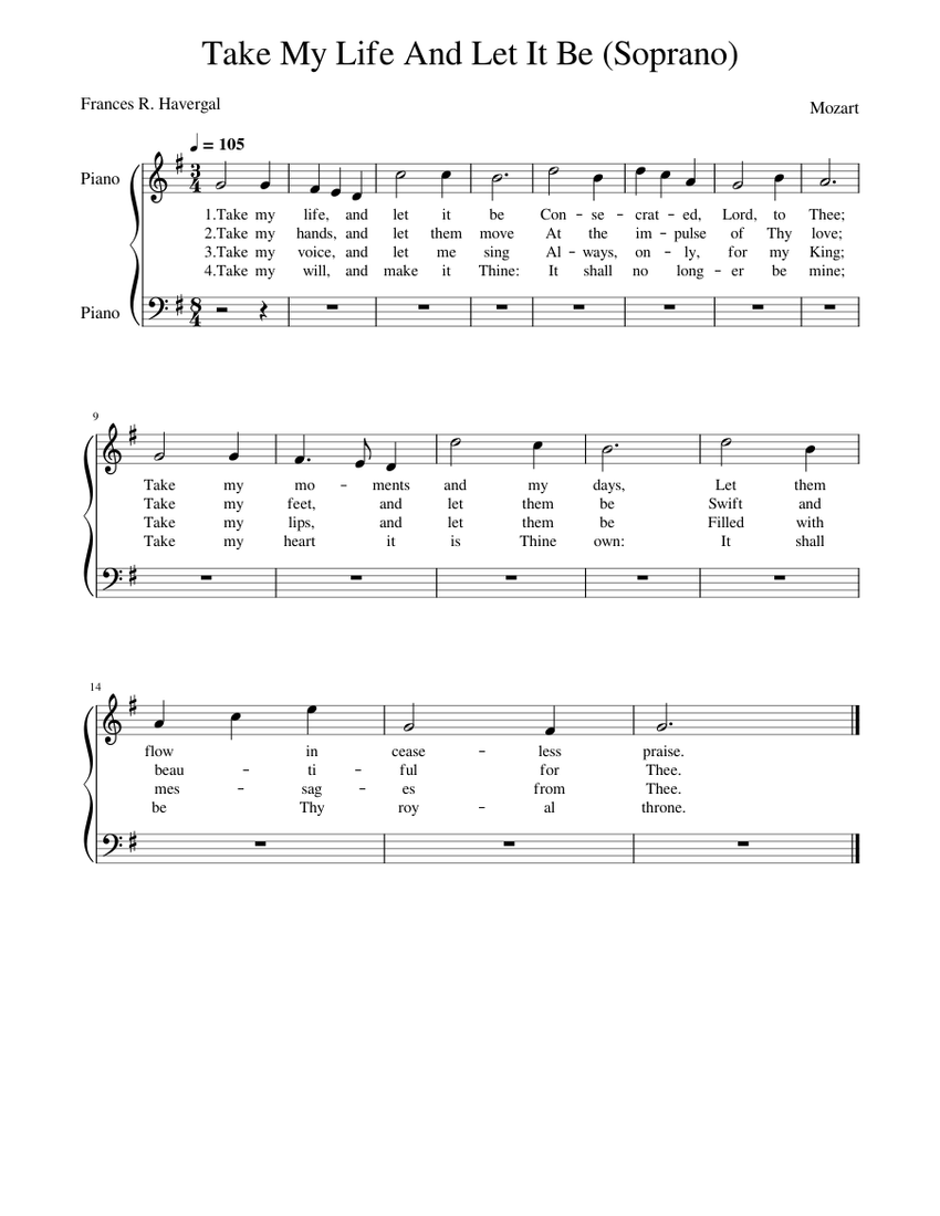 Take My Life And Let It Be (Soprano) - Mozart Sheet Music for Piano ...