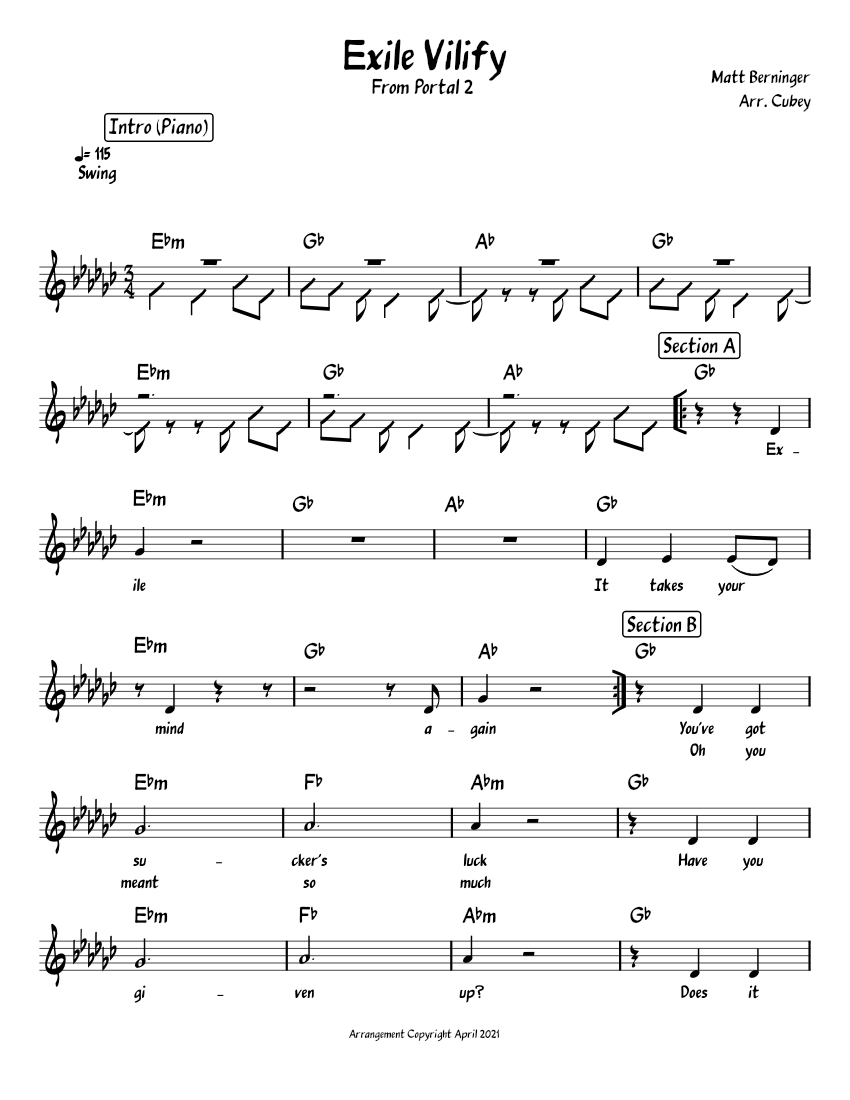 Exile Vilify – The National Sheet Music with Chords for Piano (Piano ...