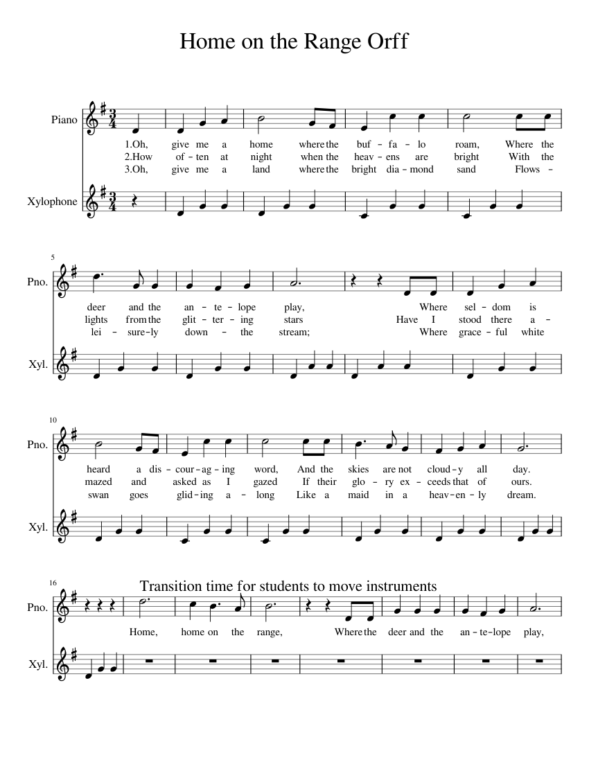 Home on the Range Orff Sheet music for Piano, Xylophone (Mixed Duet ...