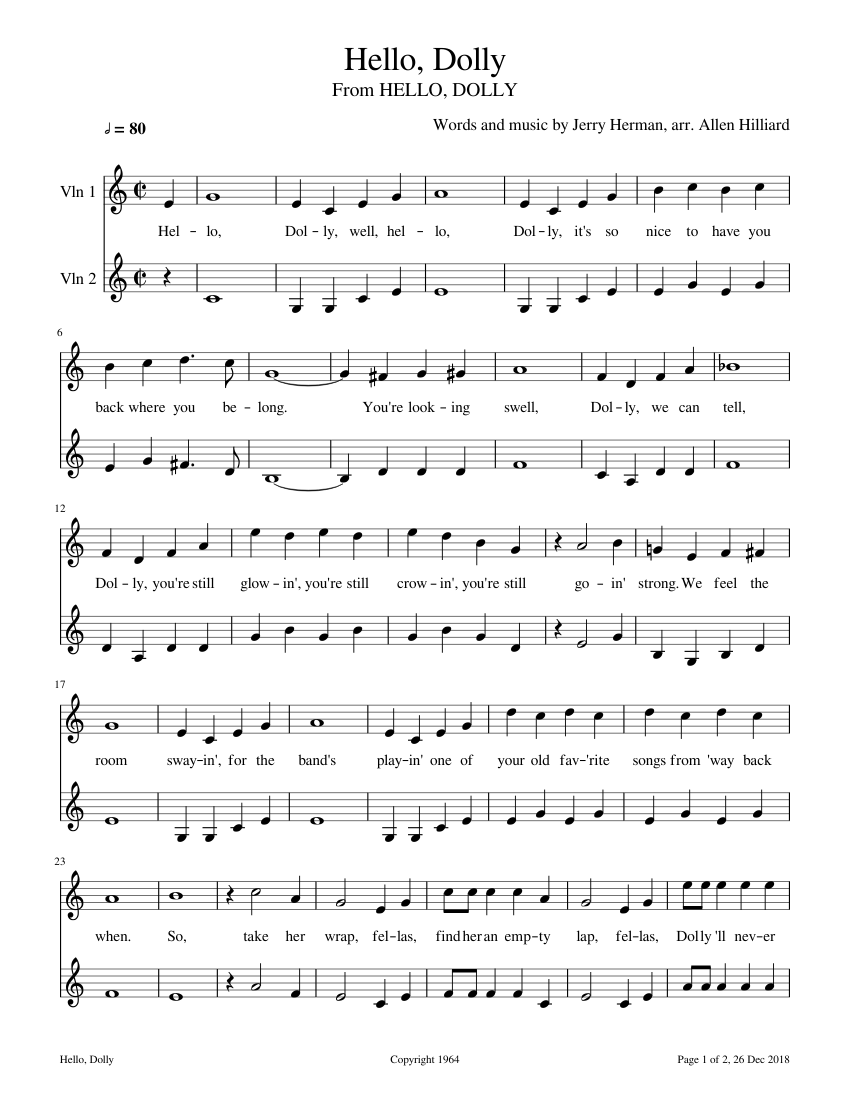 Hello, Dolly! - Jerry Herman Sheet Music for Violin (String Duet ...