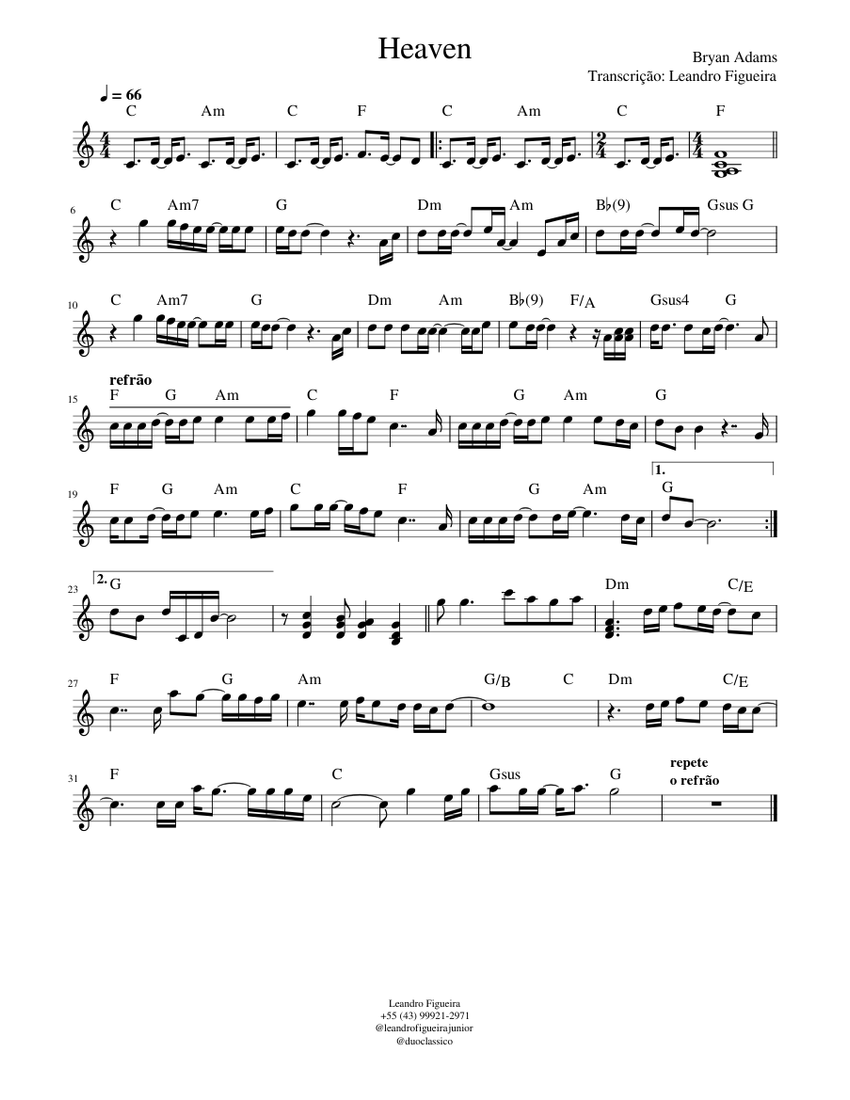 Heaven – Bryan Adams Sheet Music with Chords for Piano (Solo) Easy ...