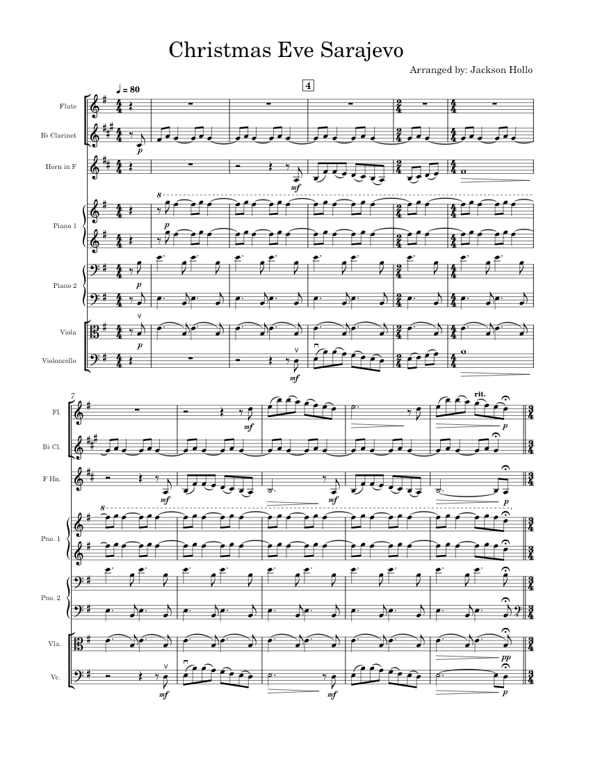 Christmas_Eve_Sarajevo Sheet Music for Piano, Flute, Clarinet in b-flat ...