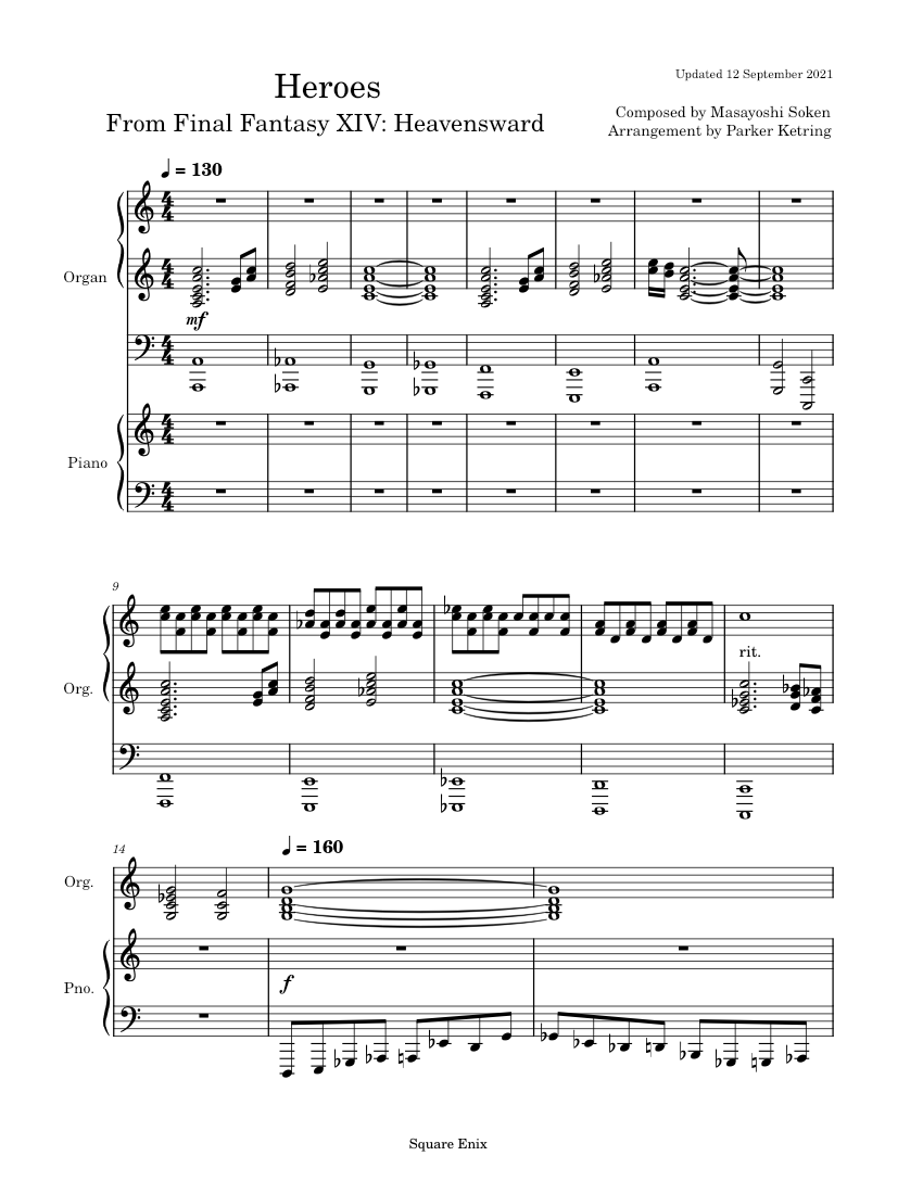 "Heroes" from FFXIV: Heavensward Sheet Music for Piano, Organ (Mixed ...