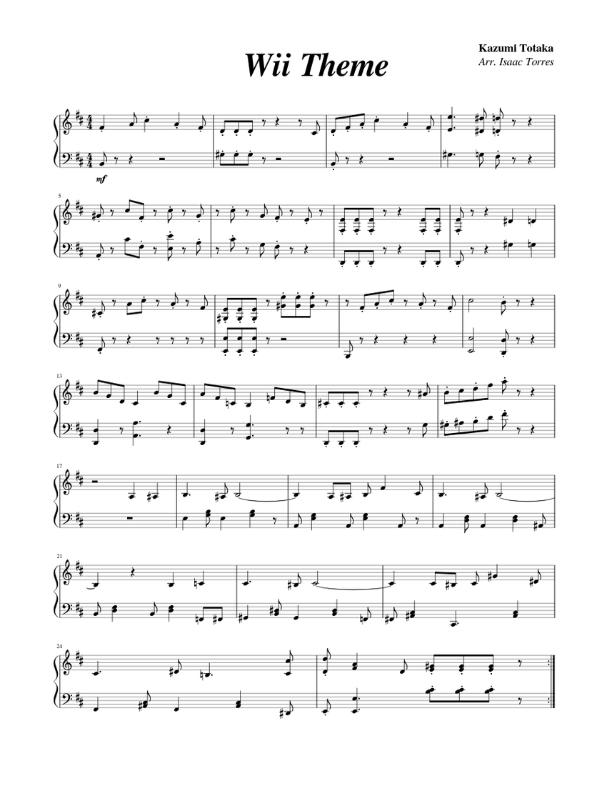 Wii Theme – Nintendo Entertainment Wii Theme Sheet Music for Piano ...