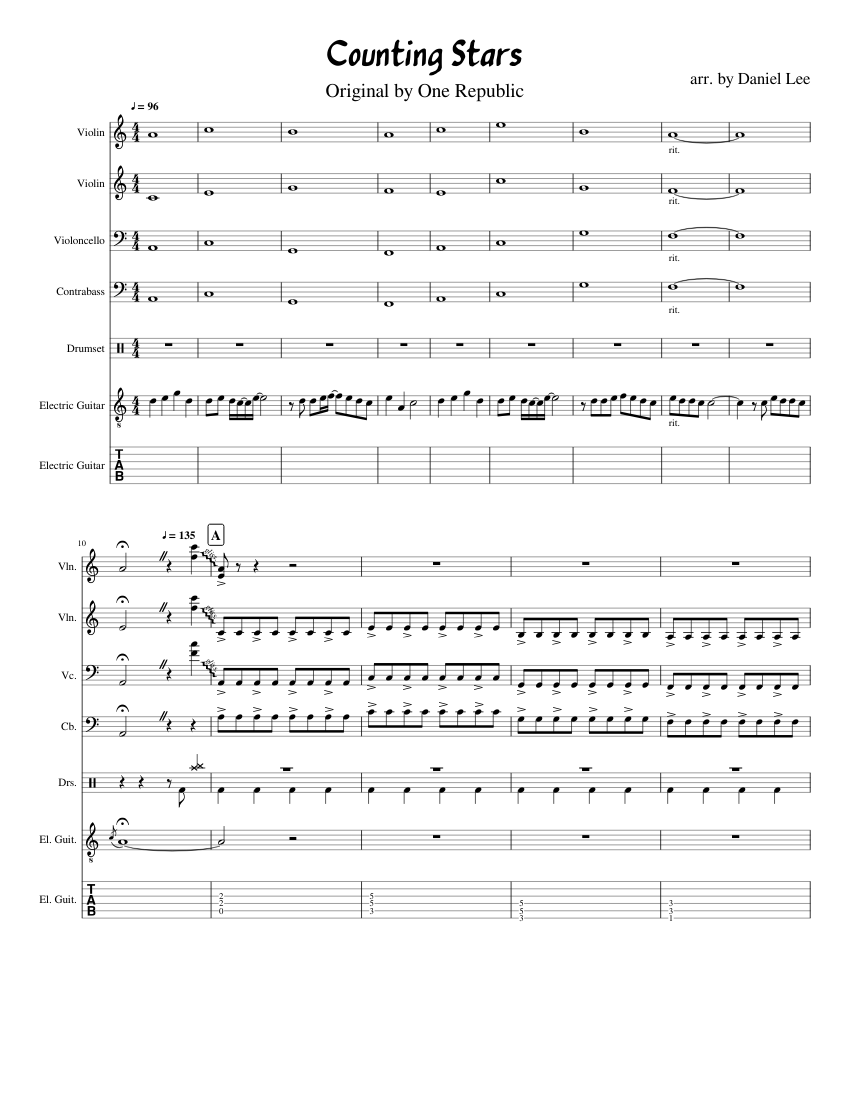 Counting Stars Sheet Music and Tab for Contrabass, Violin, Cello ...