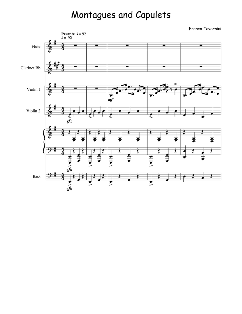 Montagues and Capulets Sheet Music for Flute, Violin, Bass guitar ...