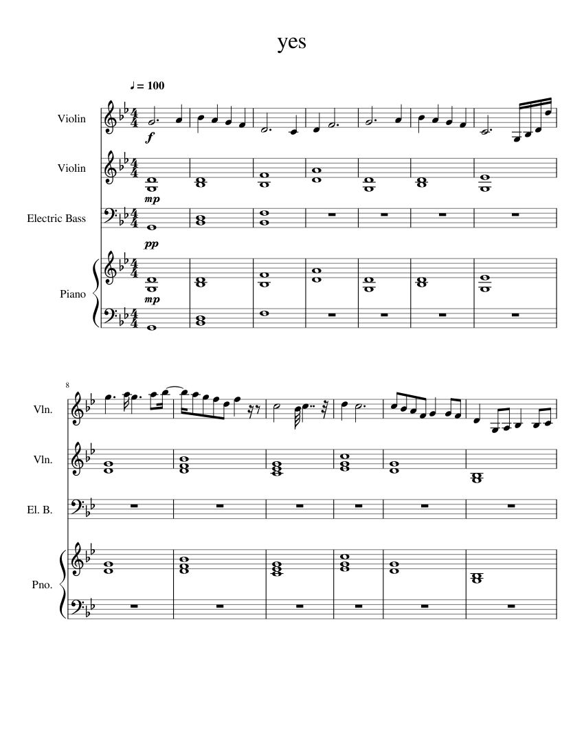 yes Sheet music for Piano, Violin, Bass guitar (Mixed Quartet ...