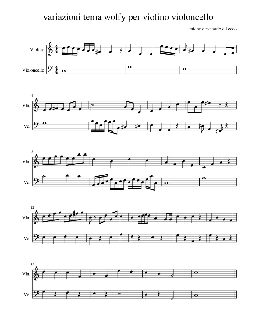 variazioni tema wolfy per violino violoncello Sheet music for Violin ...