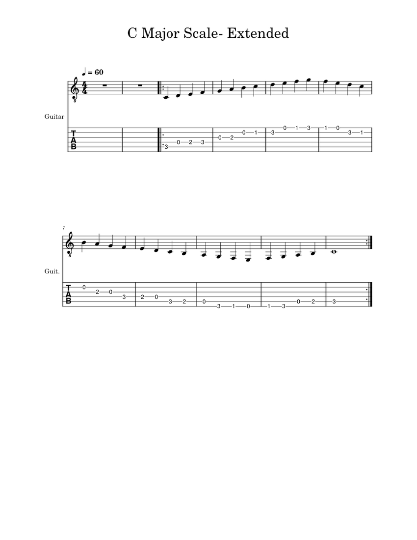 C Major Scale Extended Sheet Music and Tab for Guitar (Solo ...