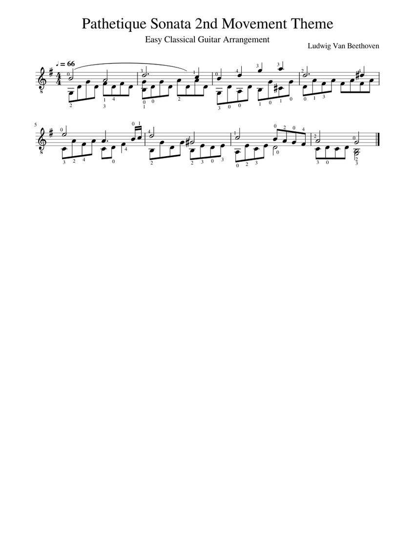 Pathetique Sonata 2nd Movement Theme Arranged for Guitar Sheet Music ...