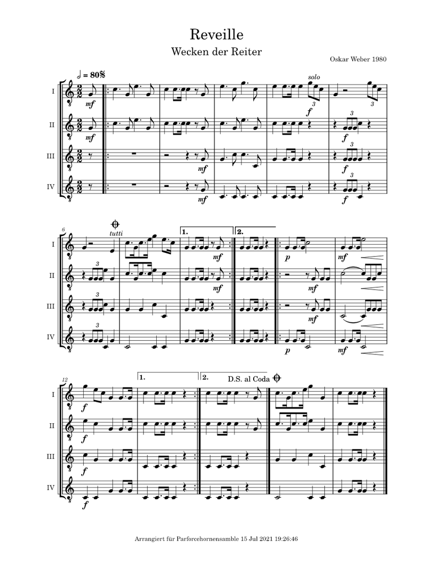 Reveille Sheet music for Natural horn (Mixed Quartet) | Musescore.com