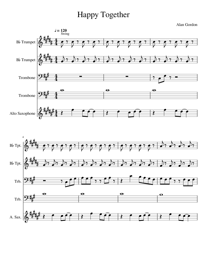 HAPPY TOGETHER - GARRY BONNER and ALAN GORDON Sheet Music for Trombone ...