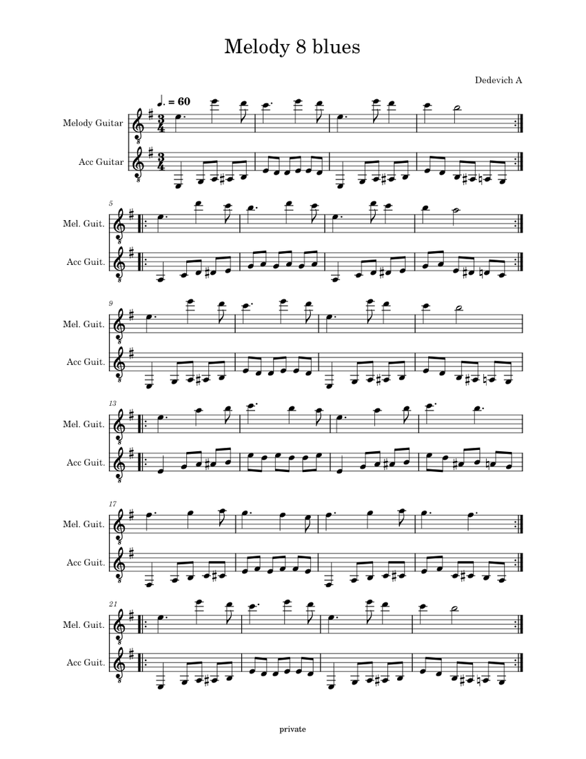 Melody 8 blues - Dedevich Sheet music for Guitar (String Duet ...