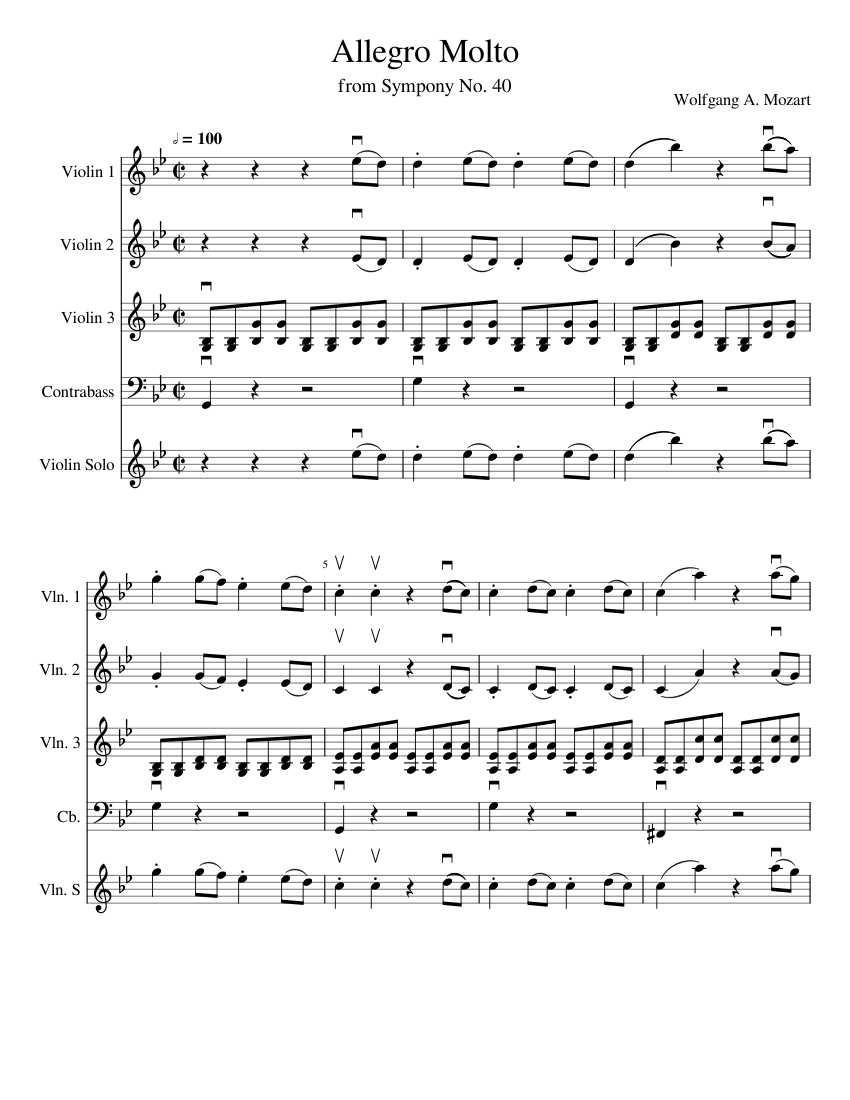 Allegro Molto (Mozart's 40th) Sheet music for Contrabass, Violin (Mixed ...