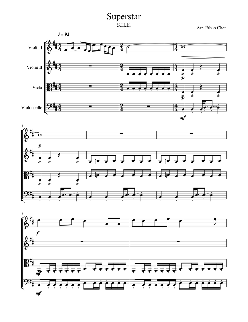 Superstar Sheet Music for Violin, Viola, Cello (String Quartet ...