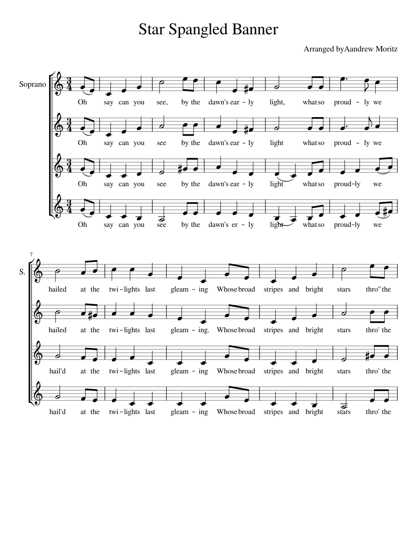 Star Spangled Banner SSAA Sheet music for Soprano, Alto, Tenor, Bass ...