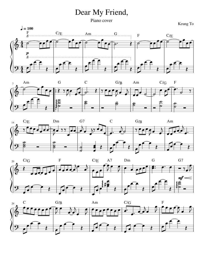 Dear My Friend, – 姜濤 (super easy & simplified ver.) Sheet Music with ...