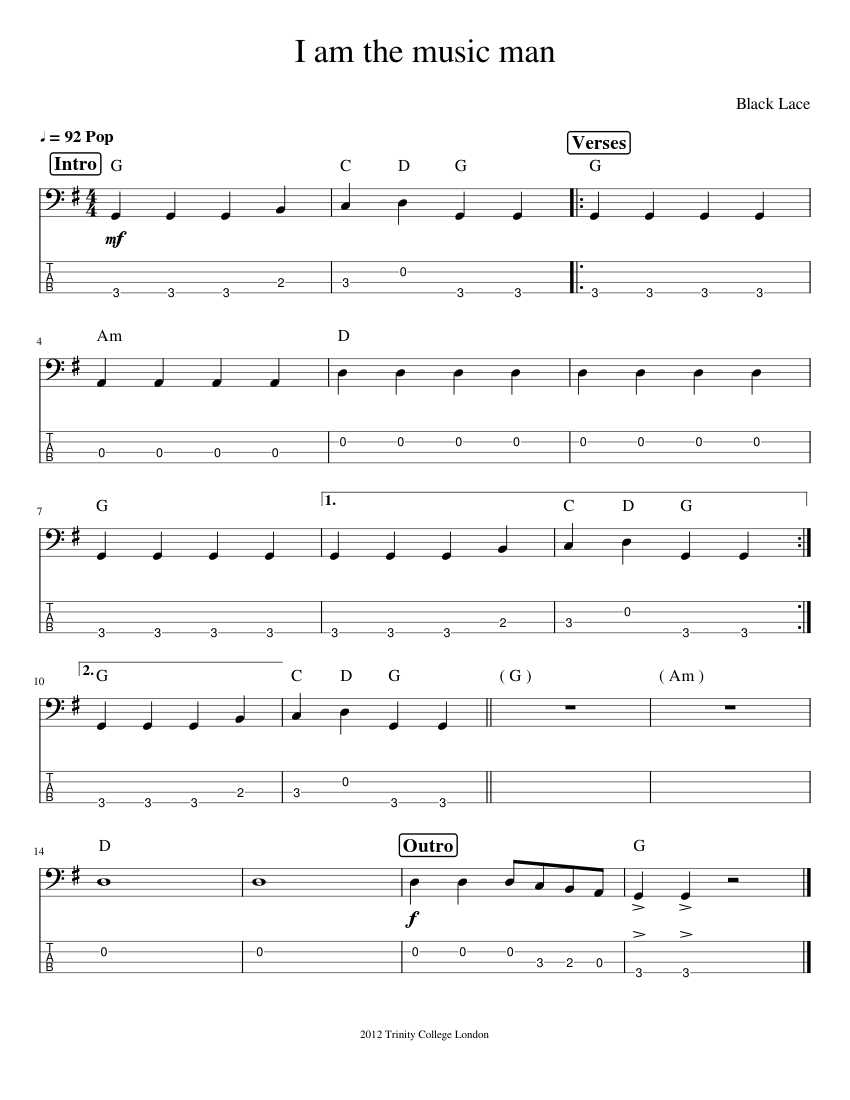 I am the music man Sheet Music for Bass guitar (Solo) | MuseScore.com