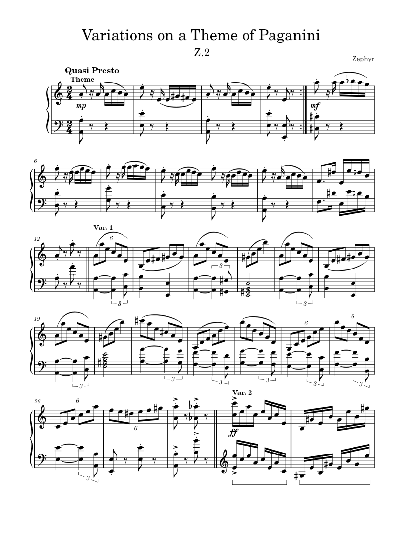Variations on a Theme of Paganini Sheet Music for Piano (Solo ...