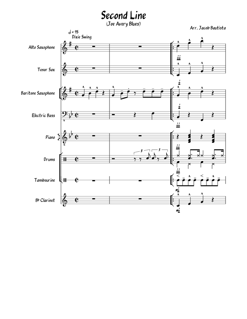 Second Line new Sheet Music for Piano, Tambourine, Clarinet in b-flat ...